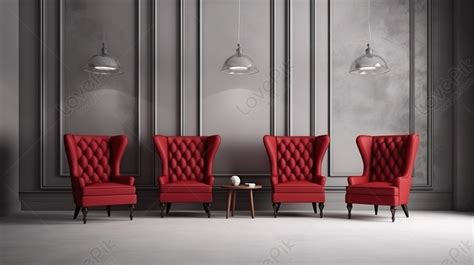 미니멀리스트 3d 렌더링 개념의 우아한 빨간색 술 의자 구호 줄무늬 벽이 있는 빈 회색 방을 위한 시대를 초월한 아름다움 리스 배경 빨간색 배경 우아 배경 이미지