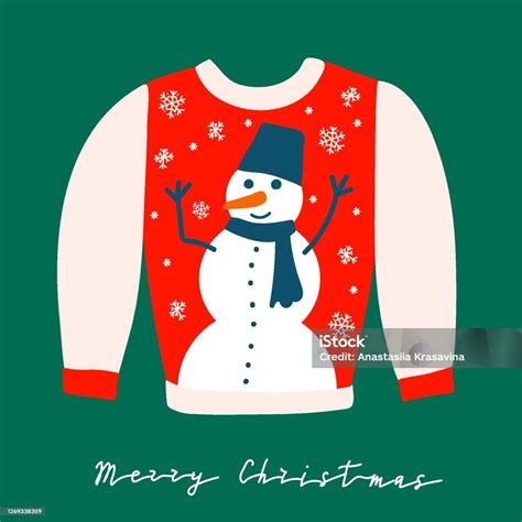 눈사람과 전통적인 못생긴 크리스마스 스웨터 귀여운 프린트와 재미 휴가 옷 붉은 몸과 베이지 색 소매 흰색 칼라와 빨간 커프 흰색 배경에 고립 된 니트 옷 0명에 대한 스톡