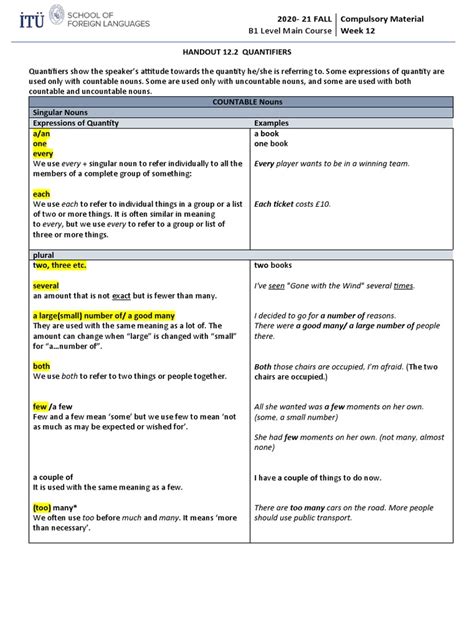 Handout 122 Quantifiers Pdf Noun Quantity