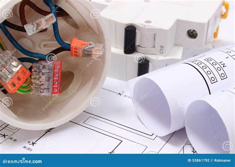 Electrical Box Diagrams And Electric Fuse On Construction Drawing Stock Photography