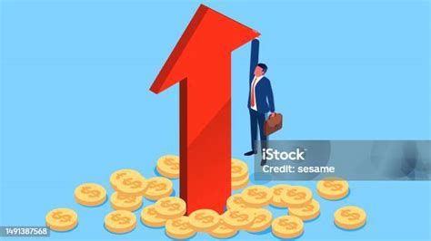 매출 또는 이익 성장 성공적인 비즈니스 또는 전문성 개발 성공적인 투자 상승 또는 상승 추세 사업가를 위로 당기는 위쪽 화살표 내부의 금화 등각 투영 더미 Launch