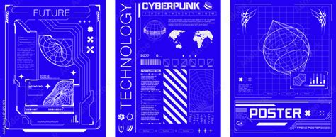 Futuristic Cyberpunk Blueprint Posters With Global Technology Themes Set Of Three Blue