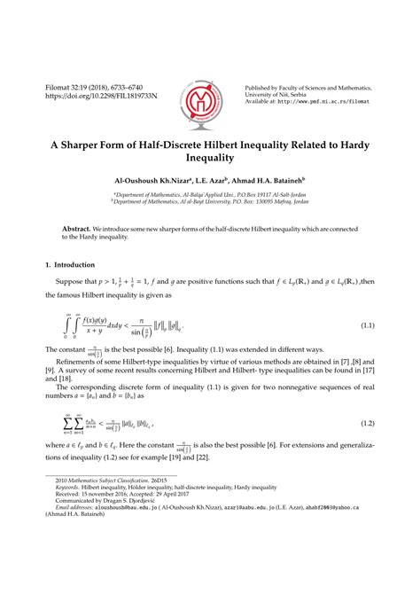 Pdf A Sharper Form Of Half Discrete Hilbert Inequality Related To Hardy Inequality