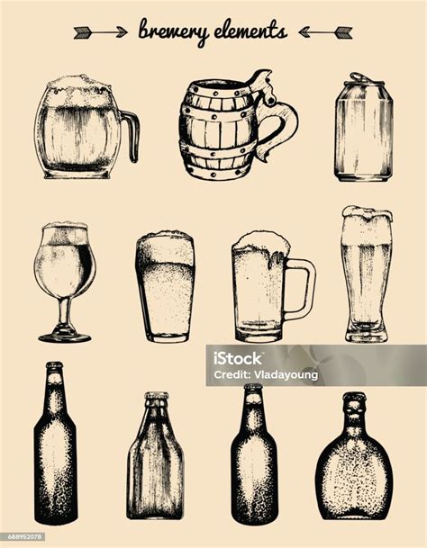 벡터 집합 빈티지 양조장 요소입니다 맥주 라 거에 일 표지판의 컬렉션입니다 배럴 병 등 그림을 스케치 했다 0명에 대한 스톡 벡터 아트 및 기타 이미지 Istock