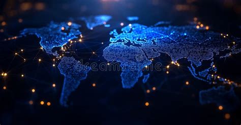Digital World Map With Glowing Connections And Dots Representing Global Networking And
