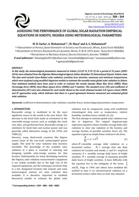 Pdf Assessing The Performance Of Global Solar Radiation Empirical Equations In Sokoto Nigeria