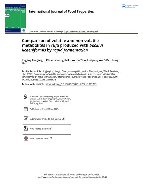 Pdf Comparison Of Volatile And Non Volatile Metabolites In Sufu Produced With Bacillus