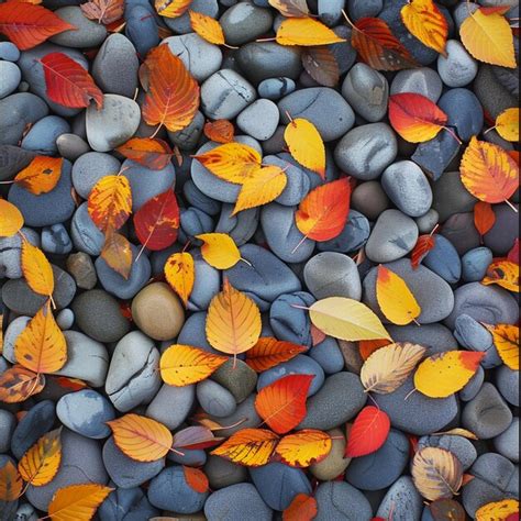 Autumn Colored Leaves And Pebbles With Playful Color Combinations Premium Ai Generated Image