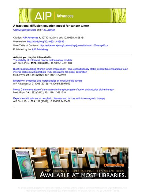 Pdf A Fractional Diffusion Equation Model For Cancer Tumor