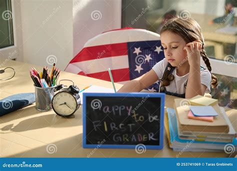 Schoolgirl First Grader Writing On Chalkboard School Lesson Teacher