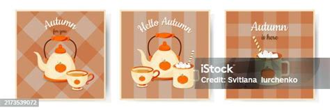 안녕 가을 찻주전자 차 한 잔 따뜻한 격자 무늬 배경에 마시멜로와 코코아 머그잔과 가을 카드 세트 벡터 일러스트 레이 션 0명에 대한 스톡 벡터 아트 및 기타 이미지