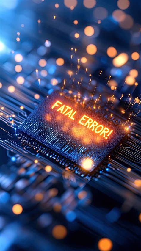 Digital Circuit Board Displaying A Fatal Error Message With Sparks And Glowing Lights Stock