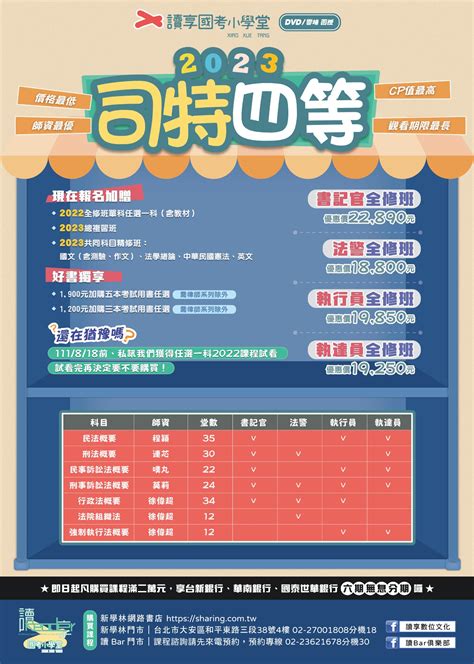 讀享國考小學堂補習班 【讀享｜2023司特四等全修班】 ⠀⠀⠀⠀ • 書記官 • 法警 • 執達員 • 執行員