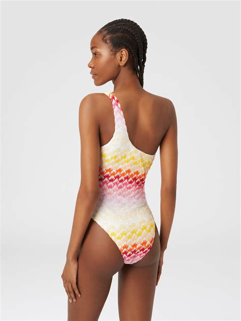 Lace Effect One Shoulder One Piece Swimming Costume With Lurex Red