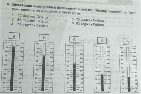 solved directions identify which thermometer shows the following