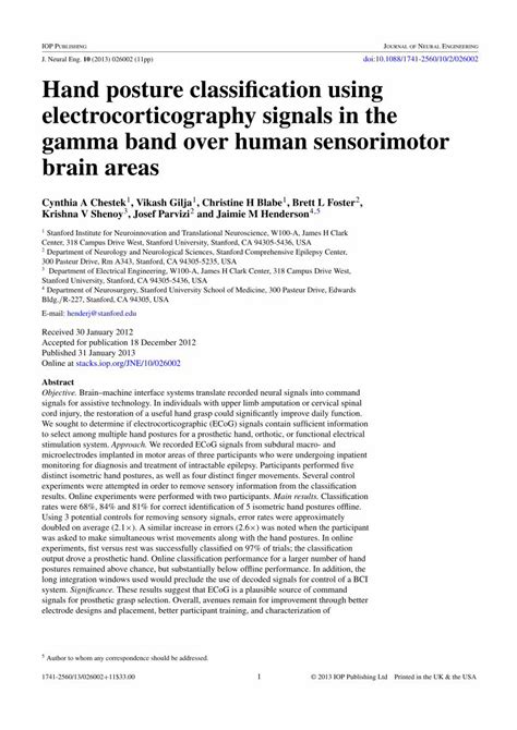 Pdf Hand Posture Classification Using Electrocorticography