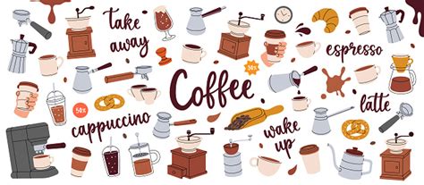 커피 세트 카페 메뉴 커피 숍에 대한 손으로 그린 요소 콩 음료 컵 냄비 패키지 그라인더 필터 기계 포터필터 주전자 수집에 대한