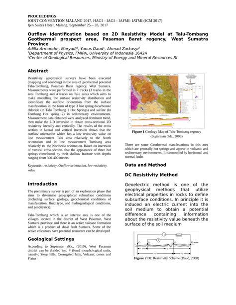 Pdf Outflow Identification Based On 2d Resistivity Model At Talu Tombang Geothermal Prospect