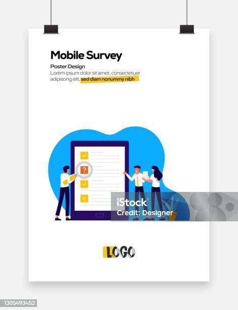 포스터 커버 및 배너를 위한 모바일 설문조사 컨셉 플랫 디자인 현대 플랫 디자인 벡터 일러스트레이션 Brand Name