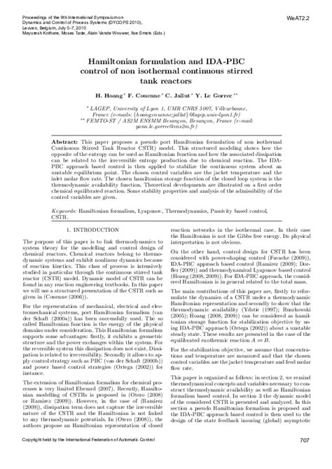 Pdf Hamiltonian Formulation And Ida Pbc Control Of Non Isothermal Continuous Stirred Tank Reactors