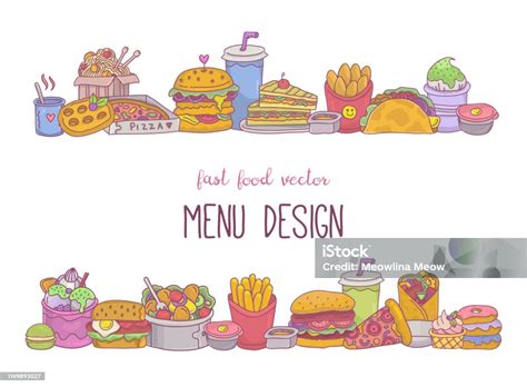 감자 튀김 버거 피자 케밥 샌드위치 길거리 음식 아이콘을 사용 하 여 패스트 푸드 프레임을 설정 합니다 0명에 대한 스톡 벡터 아트 및 기타 이미지 Istock