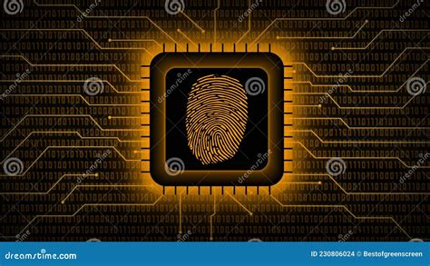 fingerprint logo on chip sensor abstract background in orange of blurred binary code behind