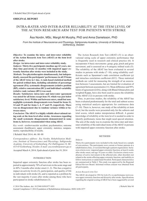 Pdf Intra Rater And Inter Rater Reliability At The Item Level Of The Action Research Arm Test