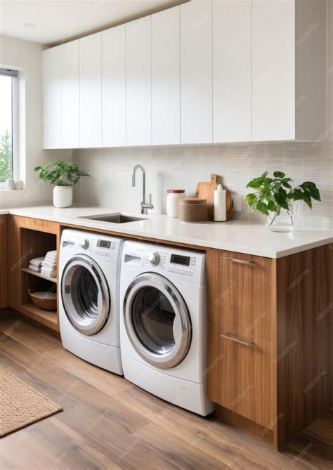 Premium Photo Beautiful Modern Laundry Room Side By Side Washer And