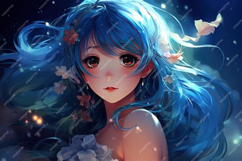 Premium Photo A Kawaii Cute Anime Girl With Blue Long Hair