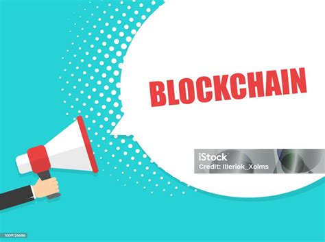 남성 손 Blockchain 연설 거품으로 확성기를 들고입니다 스피커입니다 비즈니스 마케팅 및 광고 배너입니다 벡터 일러스트입니다 개념에 대한 스톡 벡터 아트 및 기타