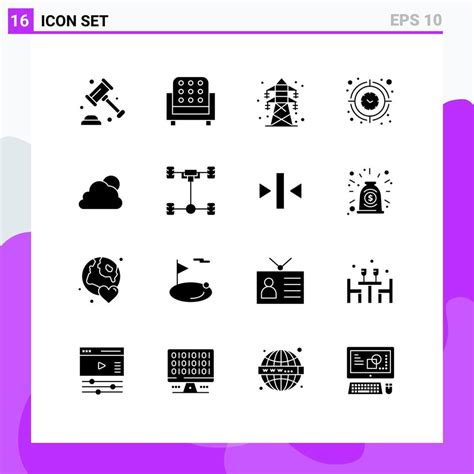 Set Of 16 Vector Solid Glyphs On Grid For Sky Time Electrical Target Clock Editable Vector