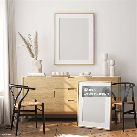 프레임 모형 Iso A 용지 크기 거실 포스터 모형 집 배경이 있는 인테리어 모형입니다 모던한 인테리어 디자인 3d 렌더링