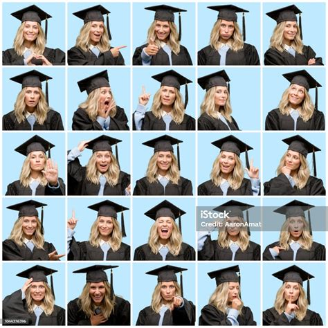 아주 행복 한 얼굴 및 손 제스처를 하 고 졸업 모자를 쓰고 젊은 아름 다운 여자 구성입니다 얼굴 표현에 대한 스톡 사진 및 기타 이미지 Istock