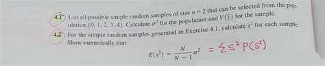 Solved List All Possible Simple Random Samples Of Size N 2