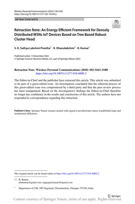 Retraction Note An Energy Efficient Framework For Densely Distributed Wsns Iot Devices Based On