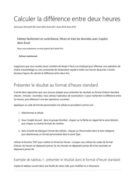 Calculer La Différence Entre Deux Heures Support Microsoft Pdf