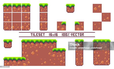 Pixel Art Tile Set For 2d Retro Game A Set Of Ground Tiles With Grass