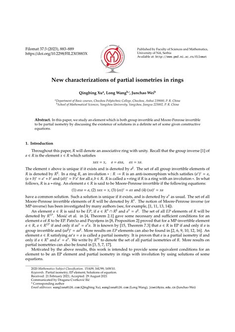 Pdf New Characterizations Of Partial Isometries In Rings