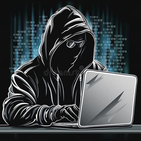 Hacker At Laptop On Dark Blue Background With Binary Matrix Stock