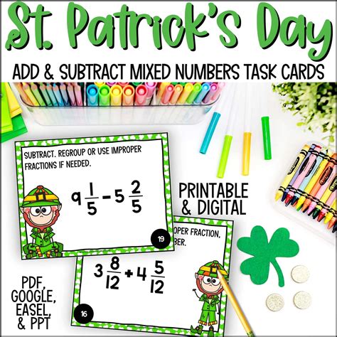 St Patricks Day Adding And Subtracting Mixed Numbers Task Cards