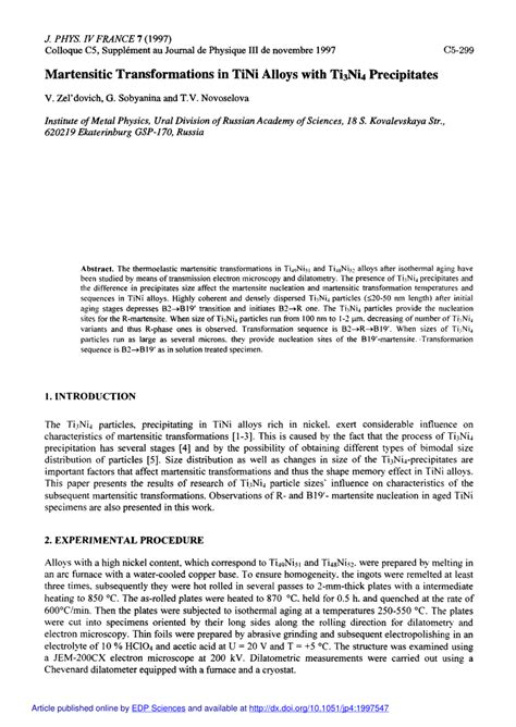 Pdf Martensitic Transformations In Tini Alloys With Ti 3 Ni 4 Precipitates