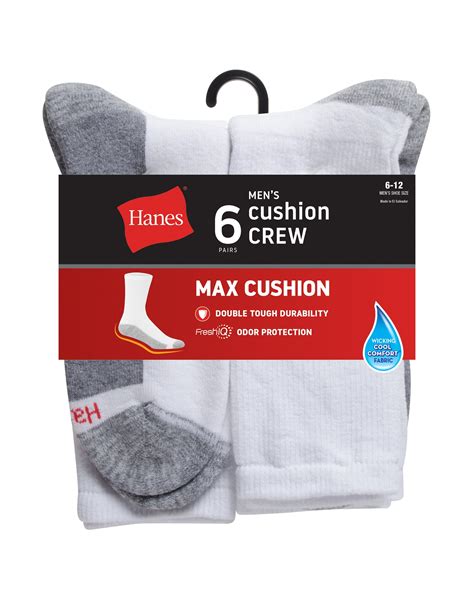 Hanes 6 Pack Mens Crew Socks Max Cushion Cool Comfort Wicking Odor