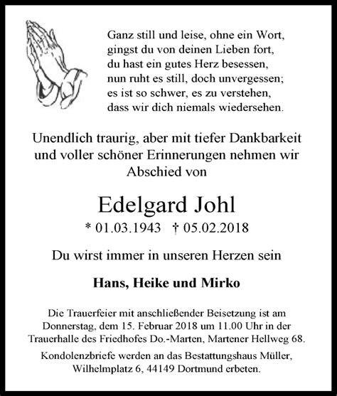 Traueranzeigen Von Edelgard Johl Trauer In Nrwde