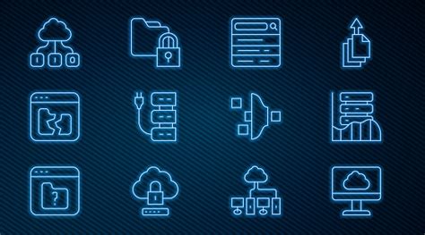 라인 클라우드 기술 데이터 전송 서버 데이터 웹 호스팅 검색 엔진 깨진 파일 필터 설정 및 폴더 및 잠금 아이콘을 설정합니다 벡터 그리움에 대한 스톡 벡터 아트 및 기타