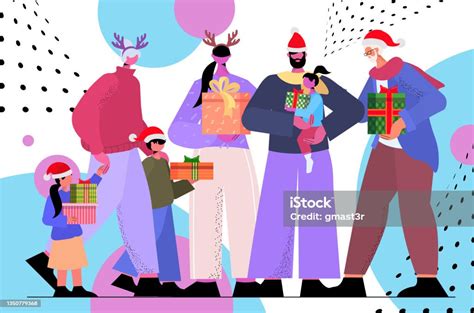 새해복이 많은 크리스마스 휴일 축하 를 들고 축제 모자를 쓴 다세대 가족 12월에 대한 스톡 벡터 아트 및 기타 이미지 12