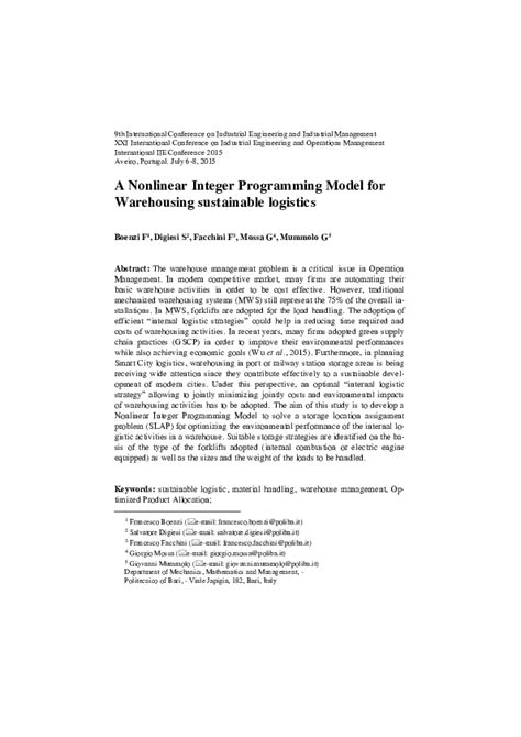 Pdf A Nonlinear Integer Programming Model For Warehousing Sustainable
