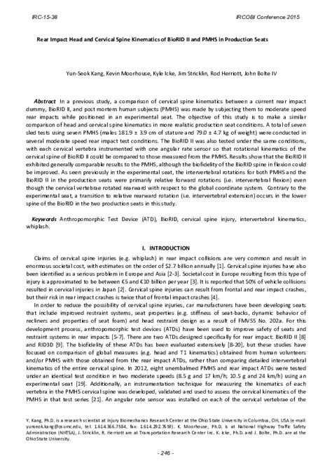Pdf Rear Impact Head And Cervical Spine Kinematics Of Biorid Ii And Pmhs In Production Seats