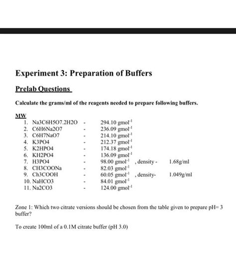 Solved Experiment Preparation Of Buffers Prelab Questions Chegg