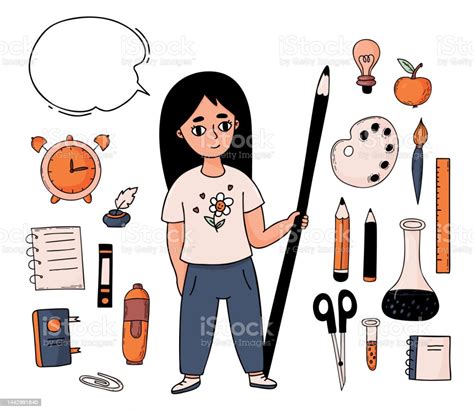 학교 항목 컬렉션입니다 연필 학교 과목 문구 및 빈 텍스트 거품을 가진 귀여운 소녀 벡터 격리 된 컬러 낙서 디자인 교육 테마와 어린이 취미 개념에 대한 스톡 벡터 아트 및