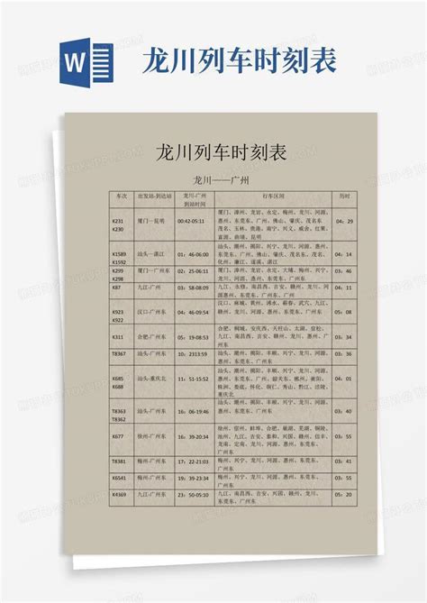龙川列车时刻表Word模板下载 编号lpzgwerb 熊猫办公